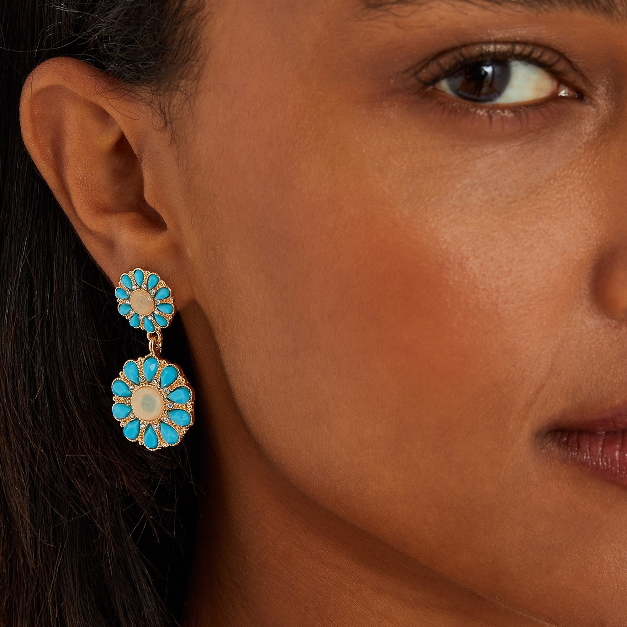 Turquoise Blue Flower Drop Earrings - Accessorize India