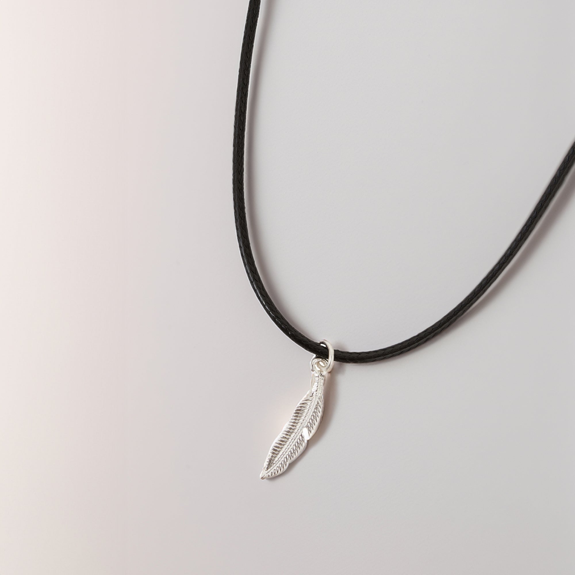 Silver Feather Pendant Cord Necklace