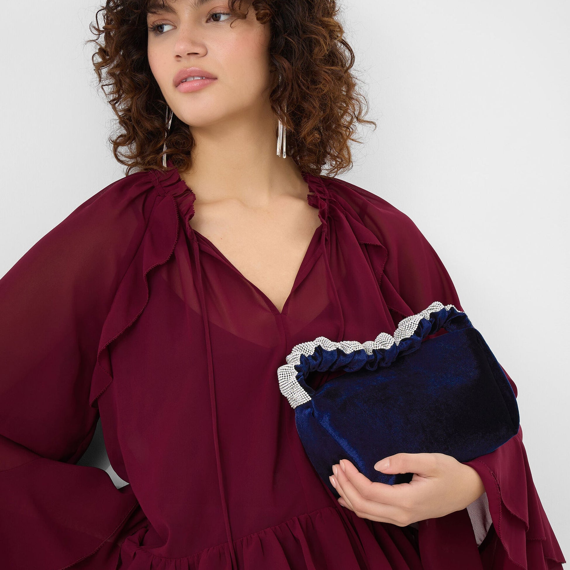 Navy Blue Diamanté Ruched Strap Velvet Handbag - Accessorize India