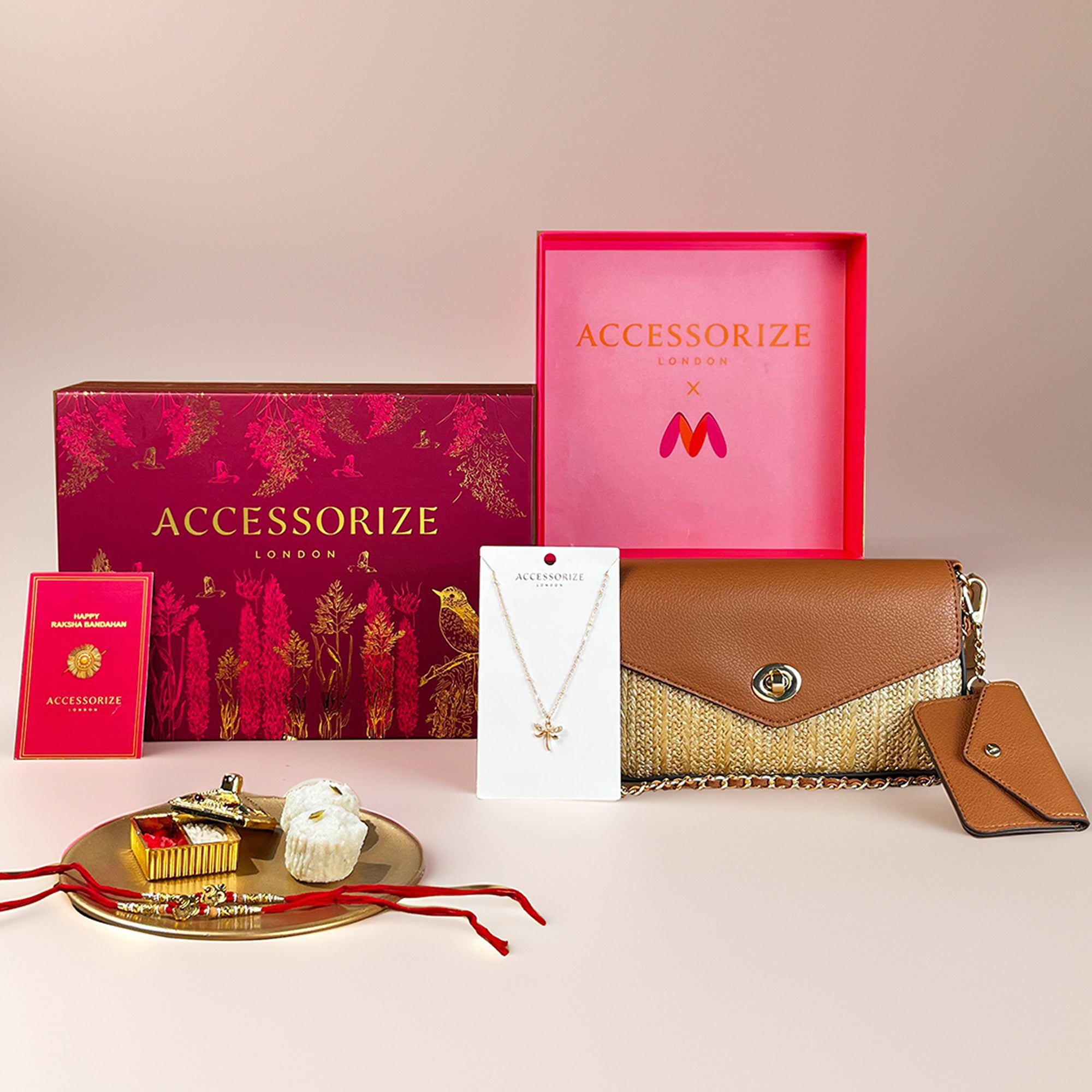 Brown Metallic Raffia Sling Bag & a gold pendant necklace combo set (R ...